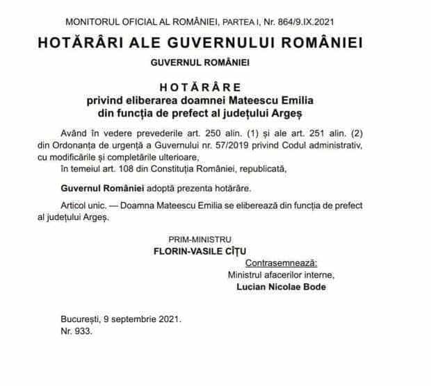 Emilia Mateescu a fost demisă din funcția de prefect al județului Argeș ...